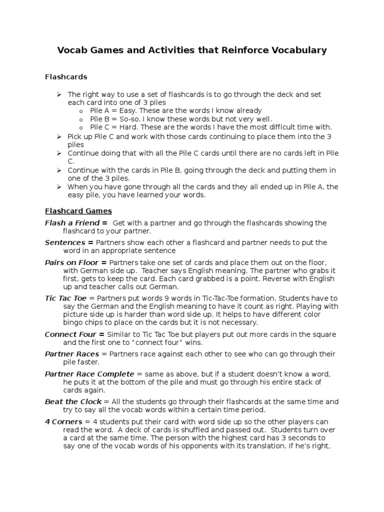 Vocab Games and Activities That Reinforce Vocabulary: Flashcards | PDF ...