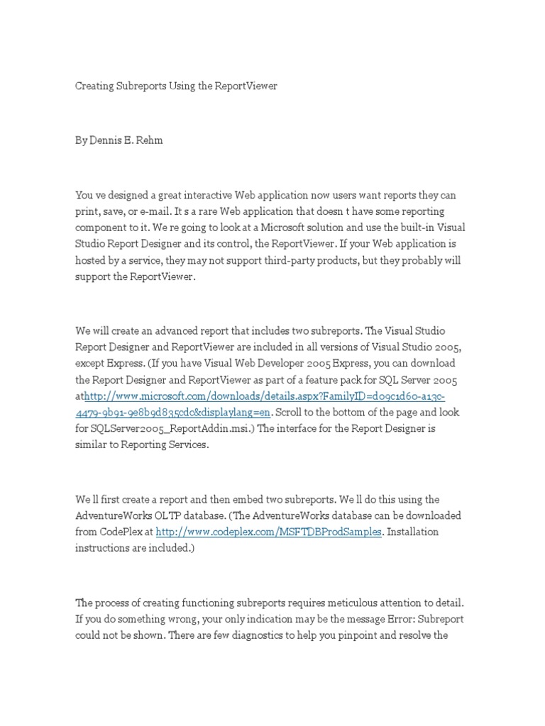 Creating Subreports Using The ReportViewer | PDF | Microsoft Sql Server | Databases