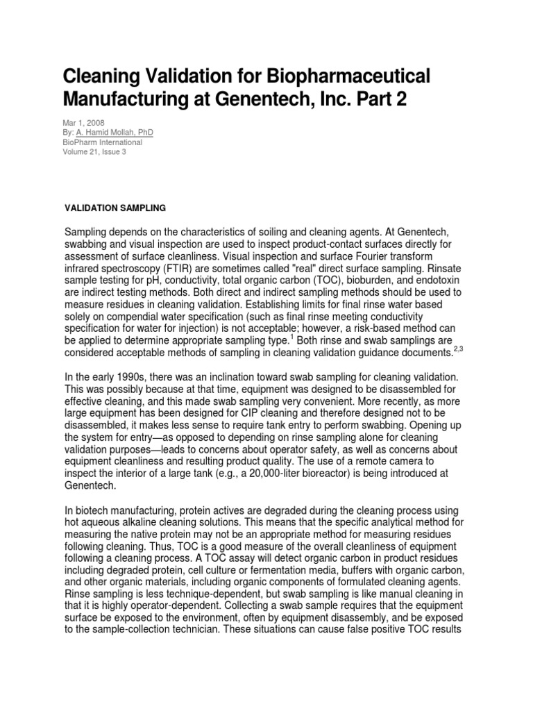Cleaning Validation For Biopharmaceutical Manufacturing at Genentech ...
