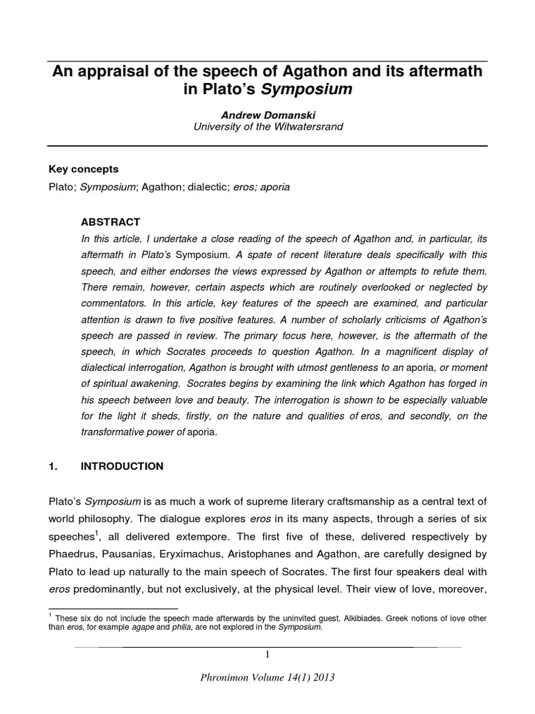 An Appraisal of The Speech of Agathon and Its Aftermath in Plato's ...