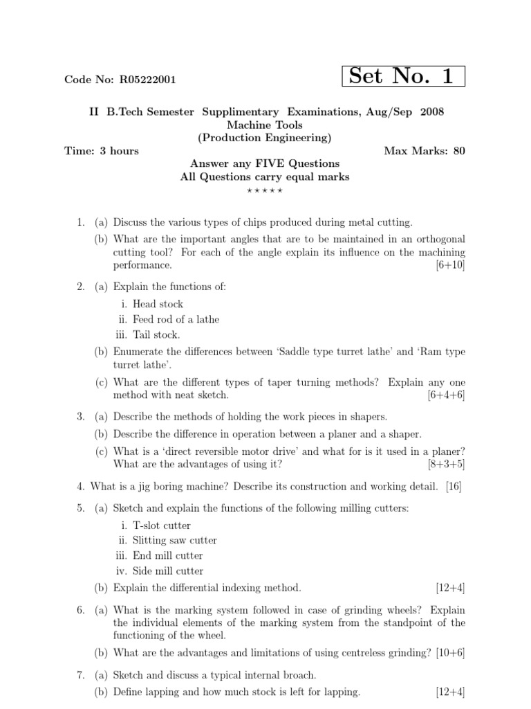 R05222001-Machine-Tools, MEP Question Paper, II ND Year II Sem, August ...