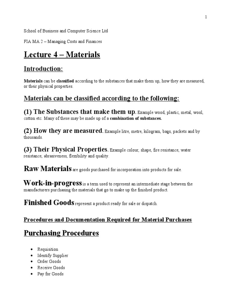 Lecture 4 - Materials | Download Free PDF | Inventory | Stocks