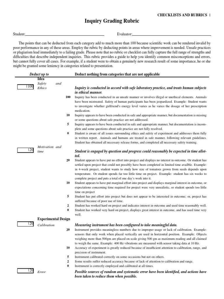 Inquiry Grading Rubric: Checklists and Rubrics 1 | PDF | Experiment ...