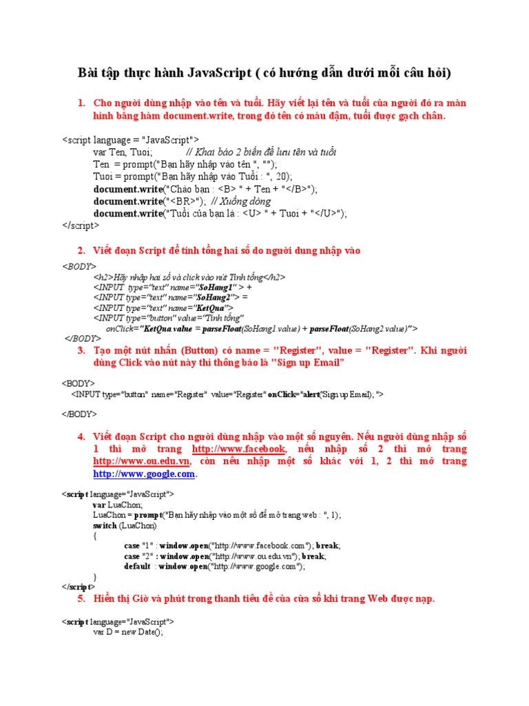Bai Tap Thuc Hanh JavaScript | PDF