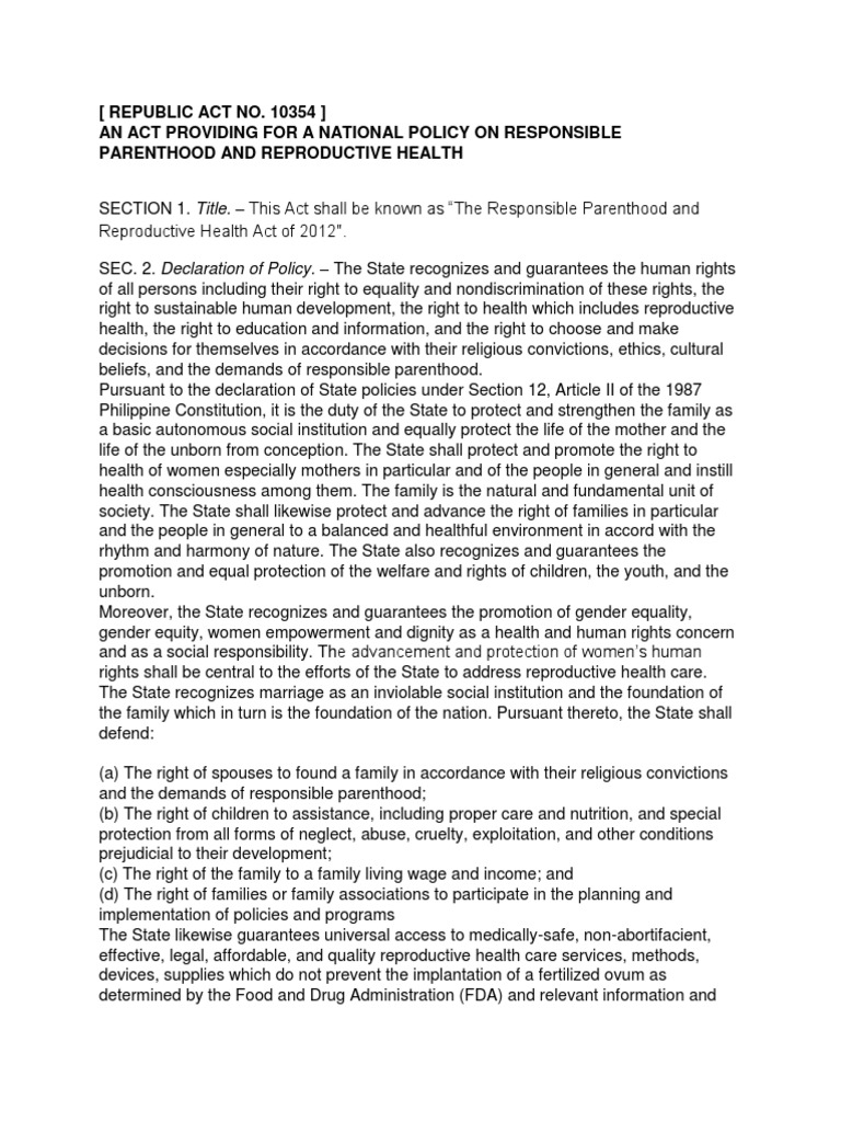 (Republic Act No. 10354) An Act Providing For A National Policy On ...