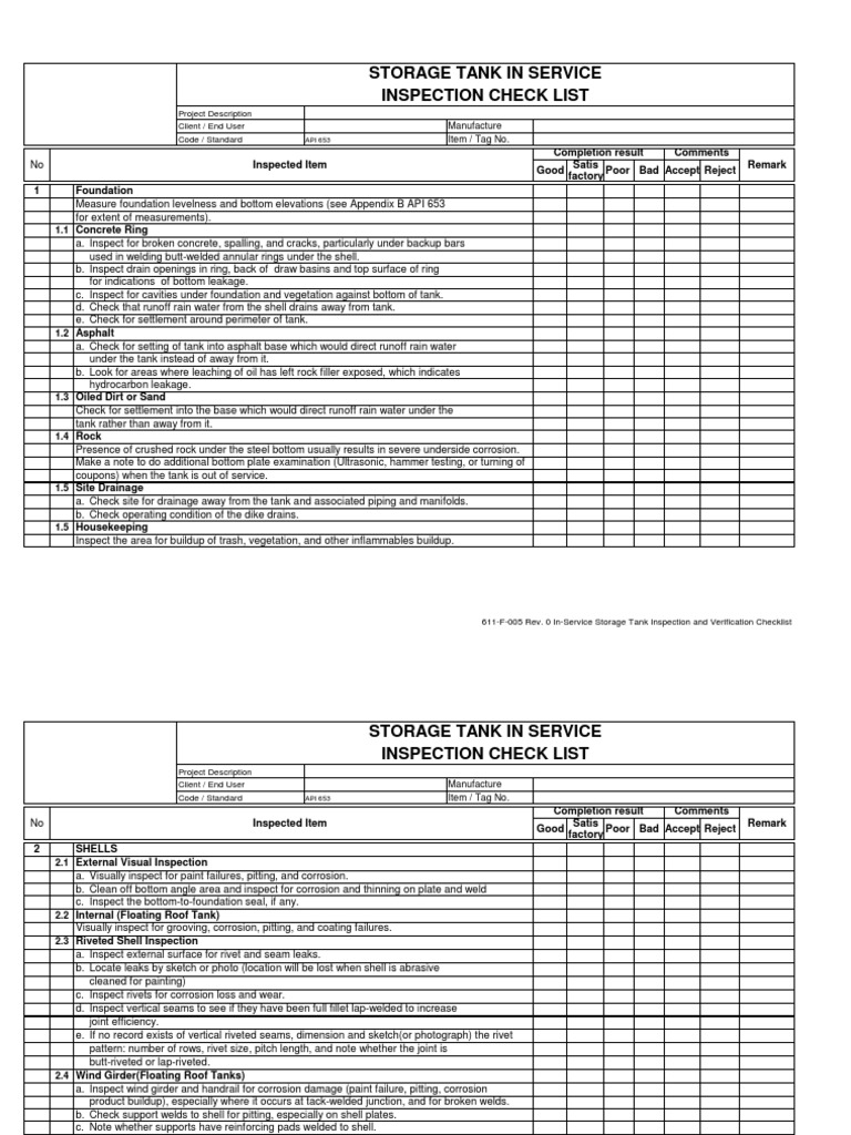 In-Service Storage Tank Inspection and Verification Checklist | PDF ...