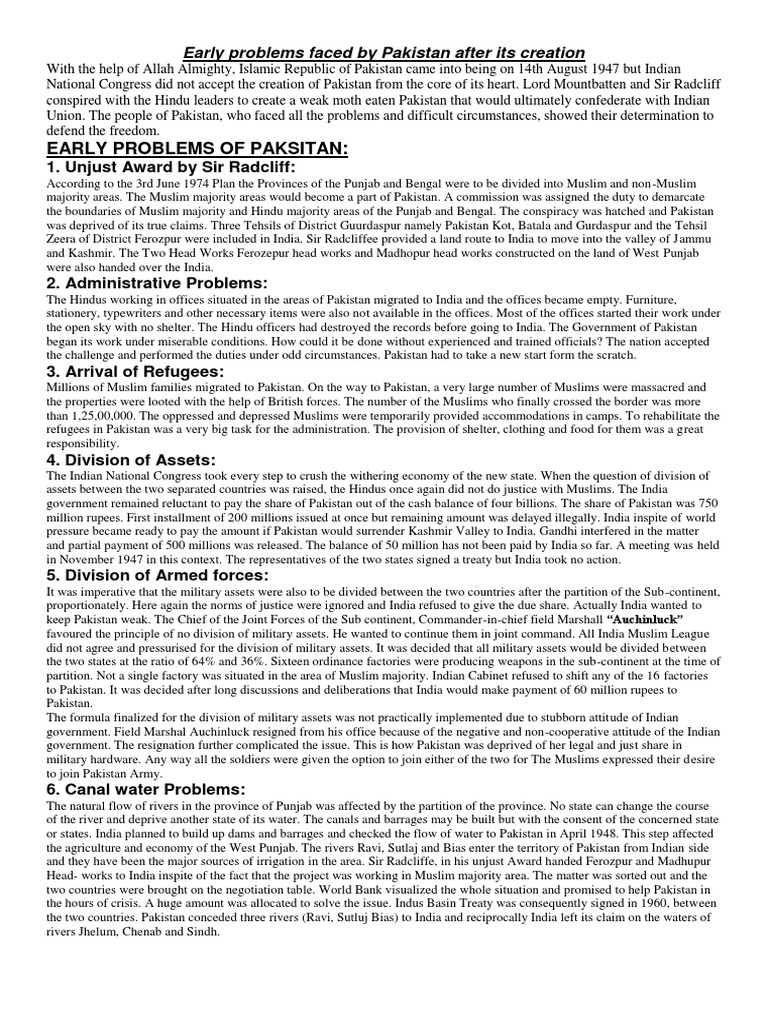 Early Problems PDF | PDF | Pakistan Movement | Pakistan