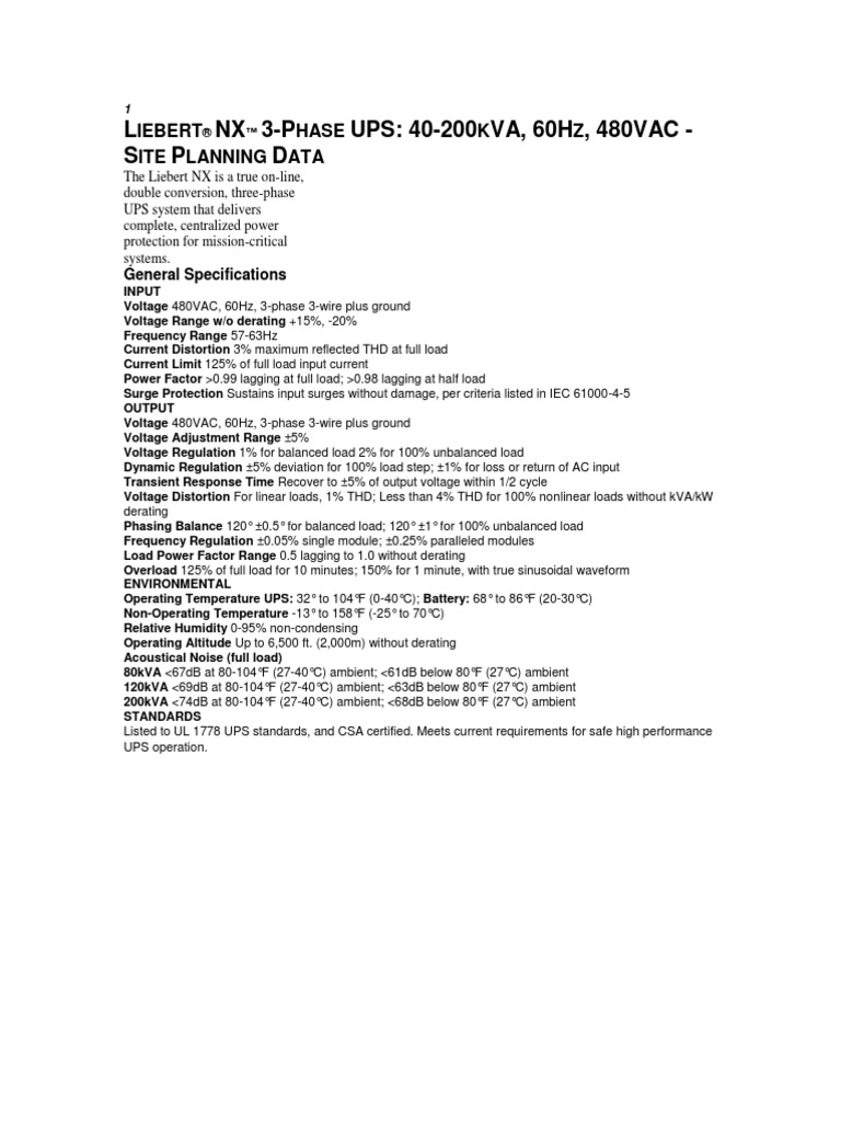 Liebert NX 3-Phase UPS Specs 40-200KVA | PDF