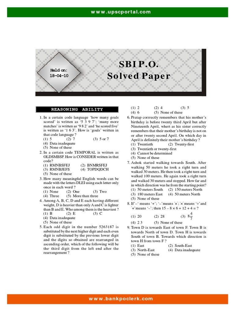 SBI PO Previous Year Solved Paper | PDF