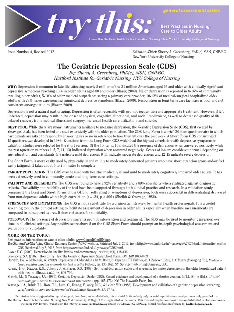 GDS Scale | PDF | Major Depressive Disorder | Gerontological Nursing