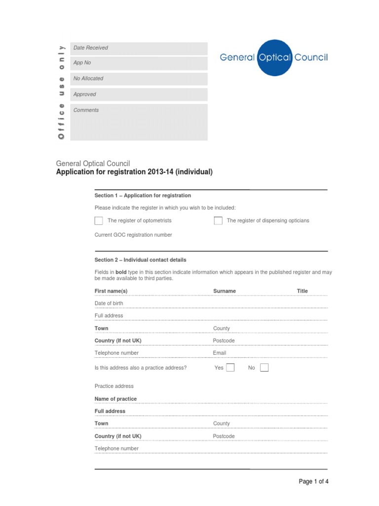 General Optical Council: Application For Registration 2013-14 ...