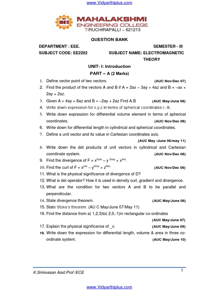Electromagnetic Theory Question Bank | PDF | Inductance ...
