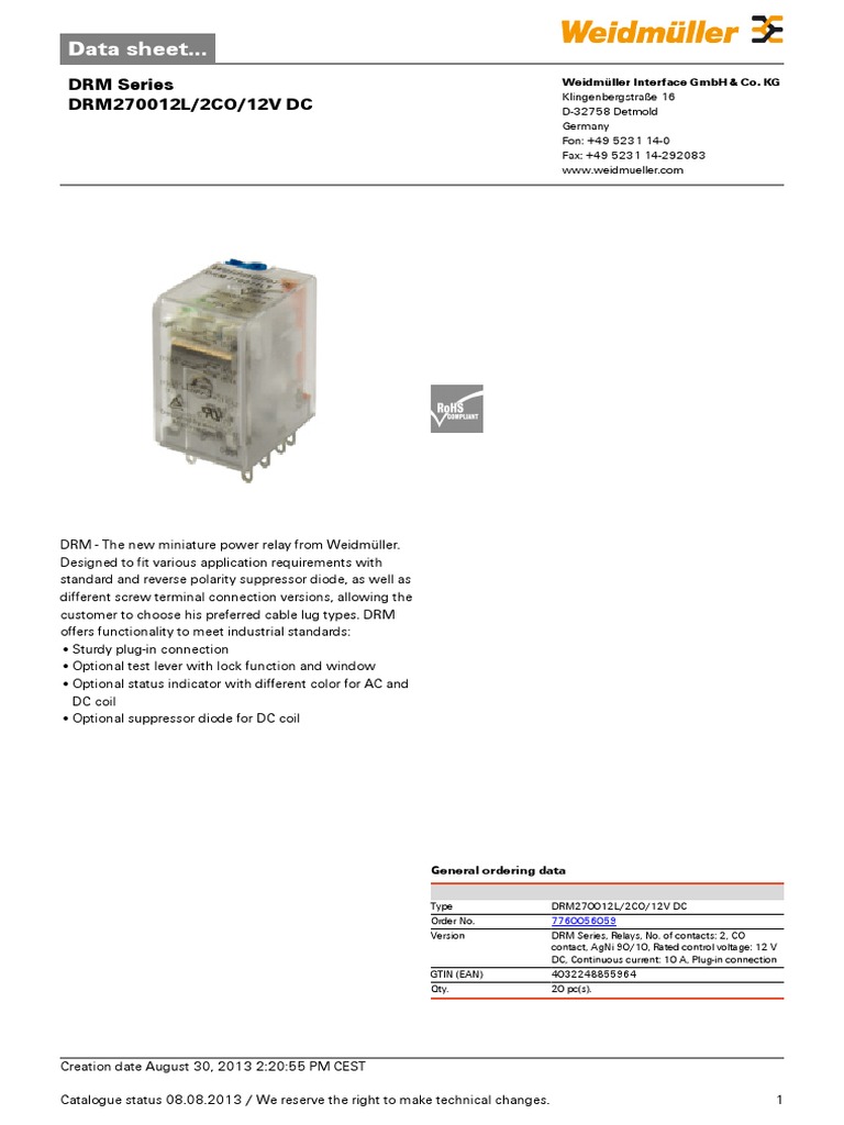 DRM270012L/2CO/12V DC Mini Relay Data Sheet | PDF | Relay | Direct Current