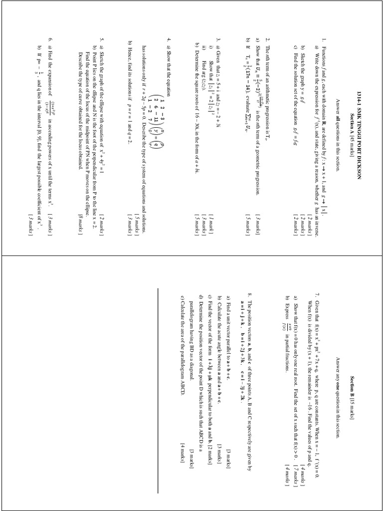 STPM Maths T Sem 1 Trial 2014 P1 Port Dickson | PDF | Equations | Ellipse