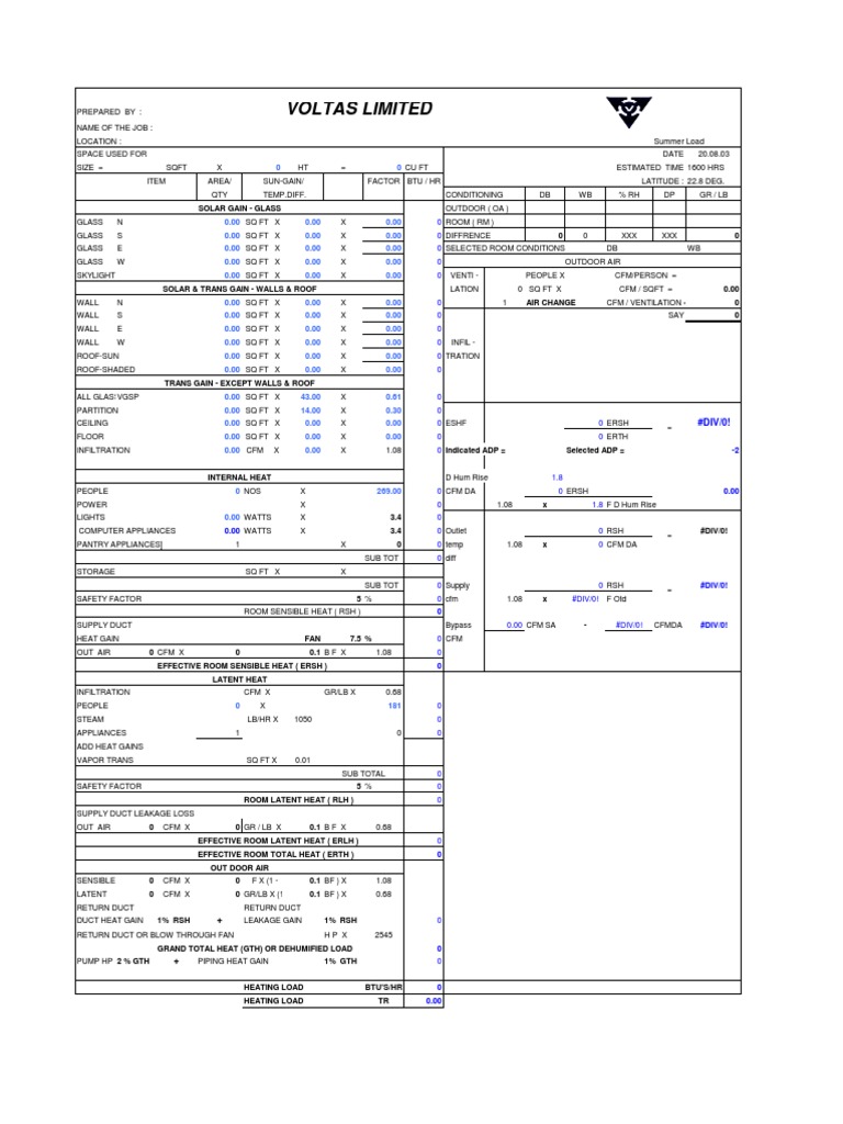 Heat Load Calculation Sheet