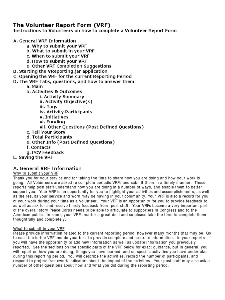 Peace Corps The Volunteer Report Form (VRF) Instructions To Volunteers On How To Complete A ...