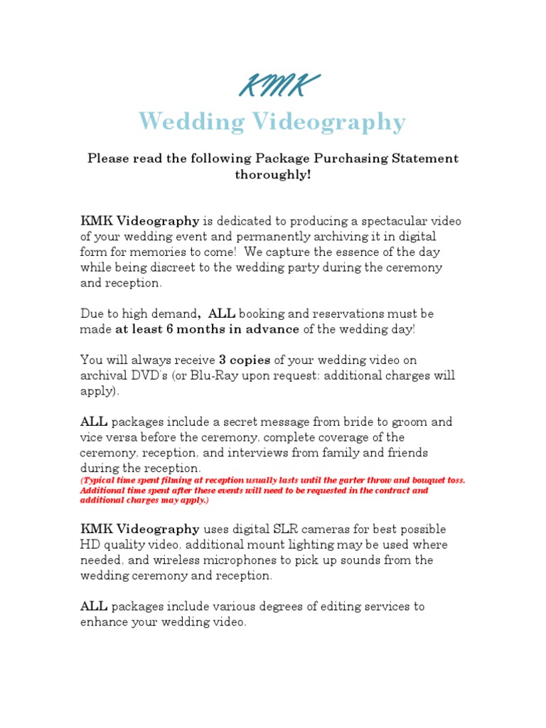 KMK Wedding Videography Package Pricing | PDF | Wedding | Bride