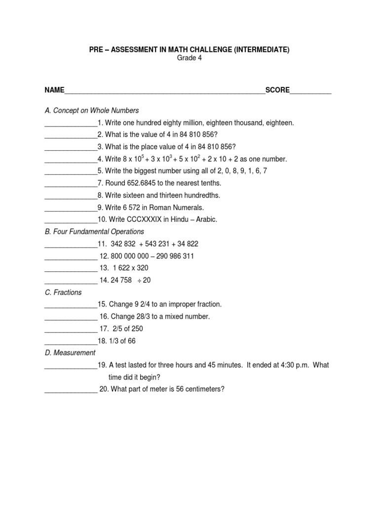 Grade 4 Math Pre-Assessment Test | PDF