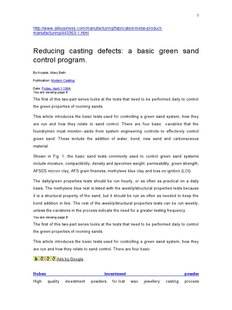 Reducing Casting Defects - A Basic Green Sand Control Program | PDF | Casting (Metalworking ...