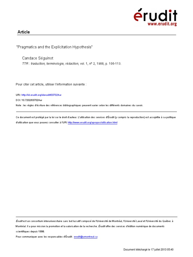 PRAGMATICS AND THE EXPLICITATION HYPOTHESIS - Séguinot PDF | PDF | Translations | English Language