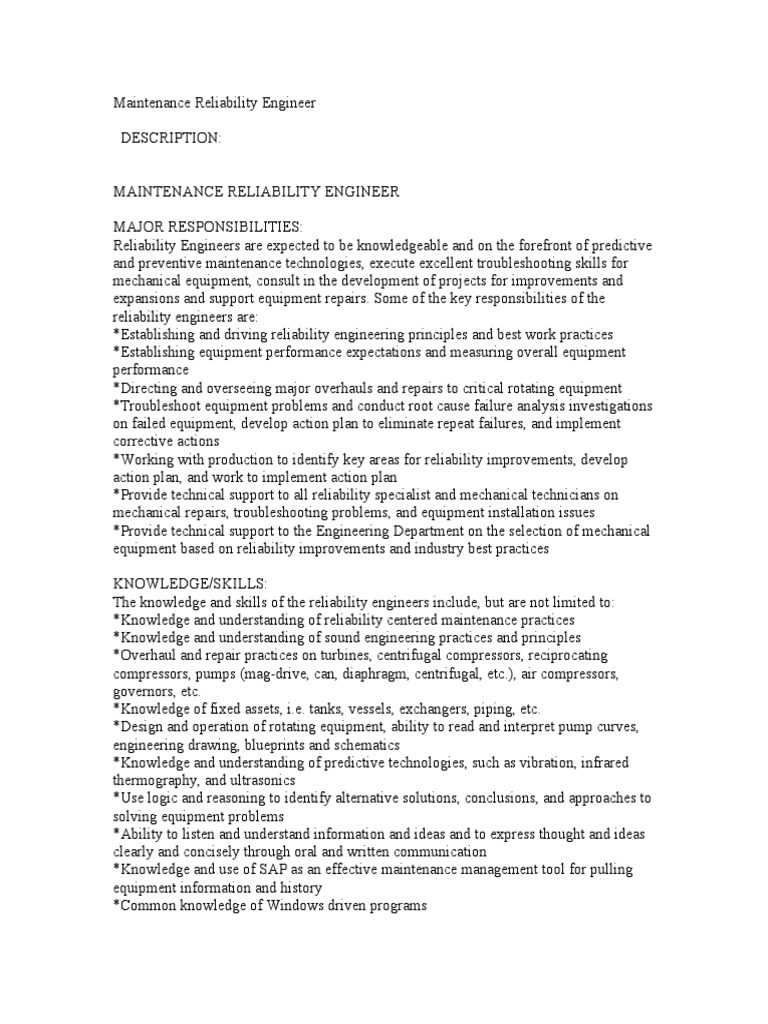Maintenance Reliability Engineer | PDF | Reliability Engineering ...