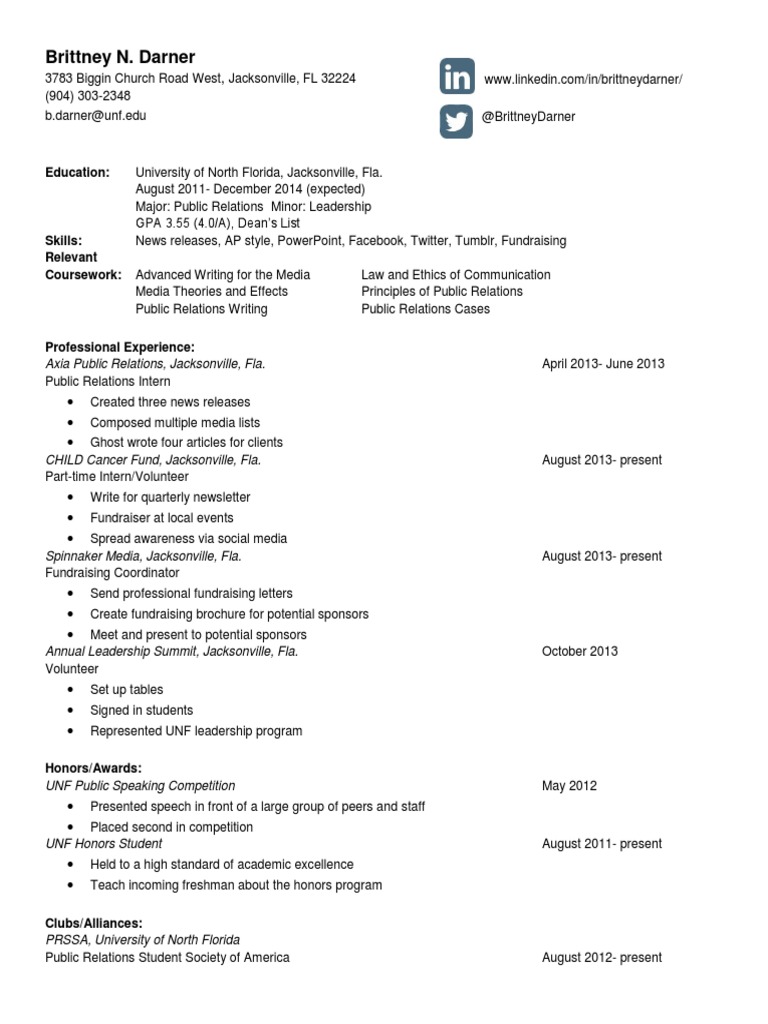 Brittney Darner's PR Resume | PDF | Social Science