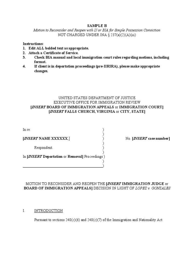 Sample Motion To Reopen | PDF | Aggravated Felony | The United States