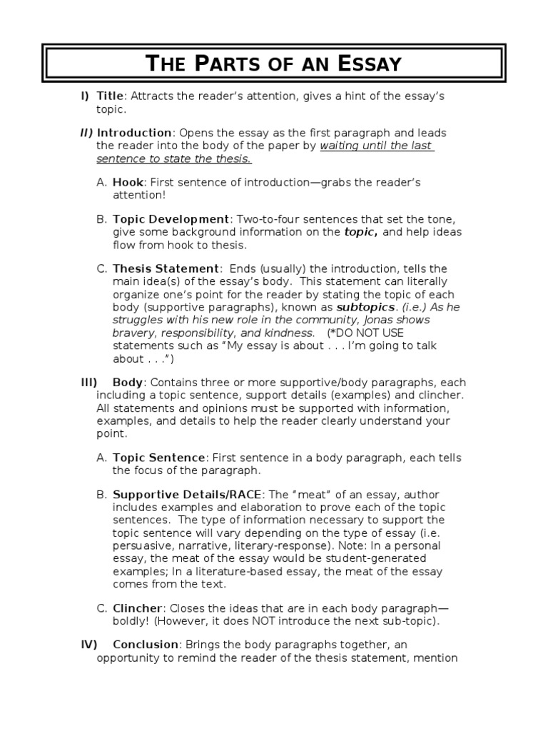 Definitions of Parts of The Essay Handout | PDF