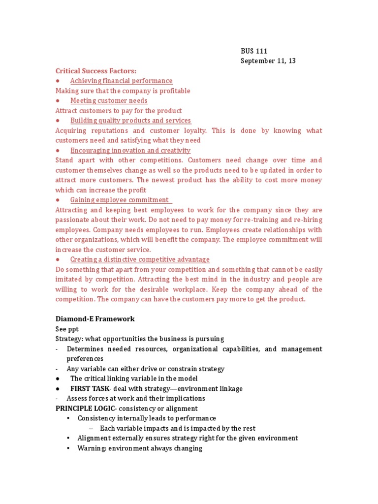 Critical Success Factors:: Diamond-E Framework | PDF | Strategic ...