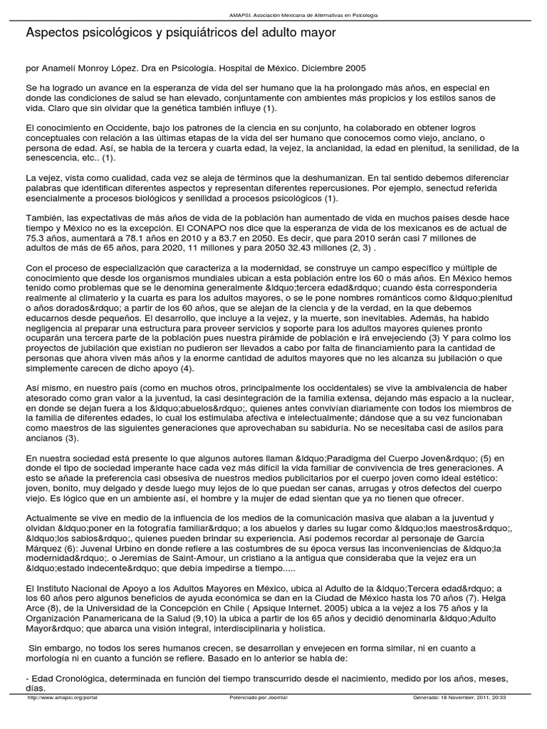 Aspectos Psicologicos y Psiquiatricos Del Adulto Mayor PDF | PDF