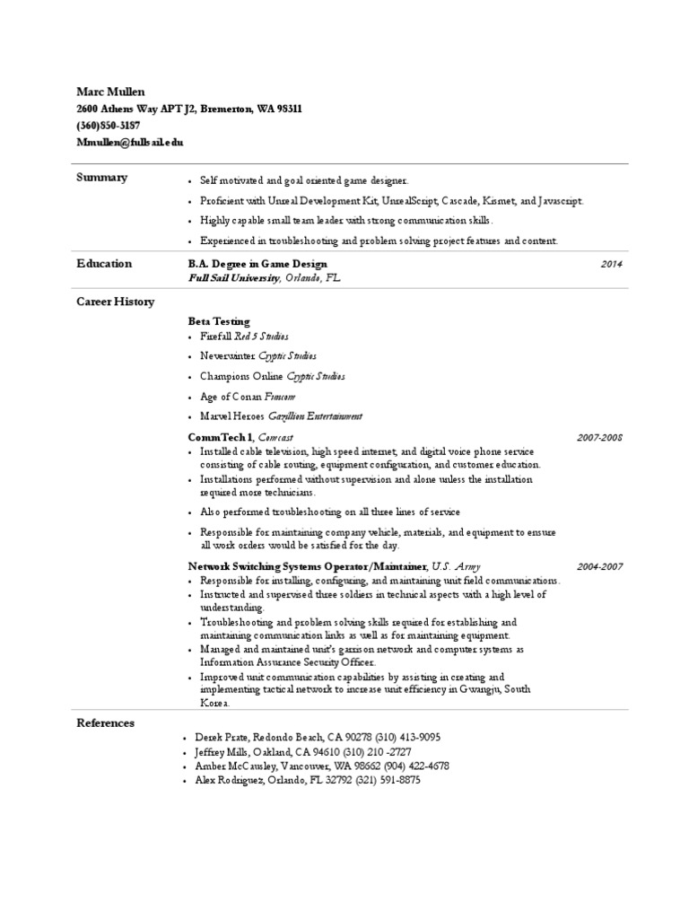 Game Designer Resume of Marc Mullen | PDF | Computers