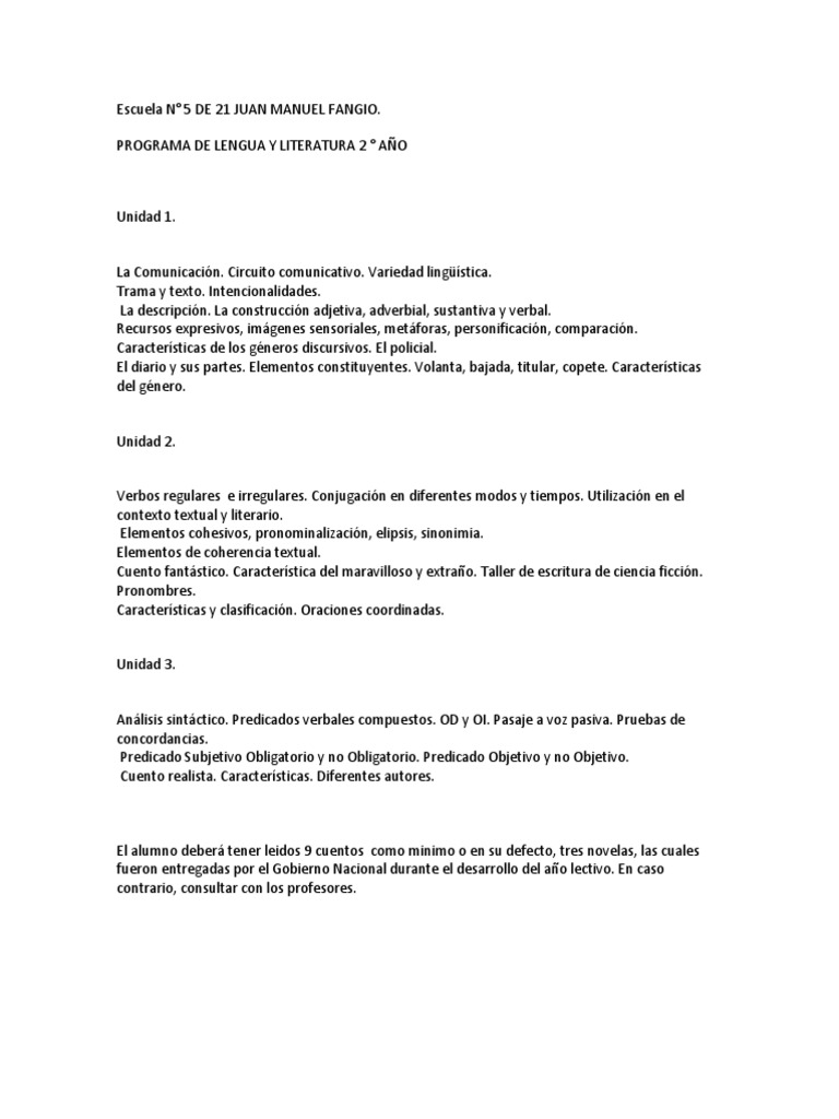 PROGRAMA de Lengua y Literatura 2do. AÑO | PDF | Artes del Lenguaje y ...