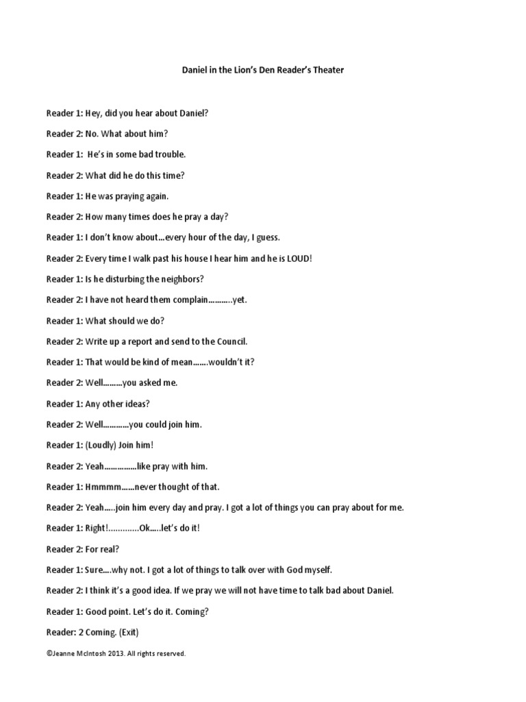 Daniel in the Lion's Den Reader's Theater | PDF | Language Arts ...