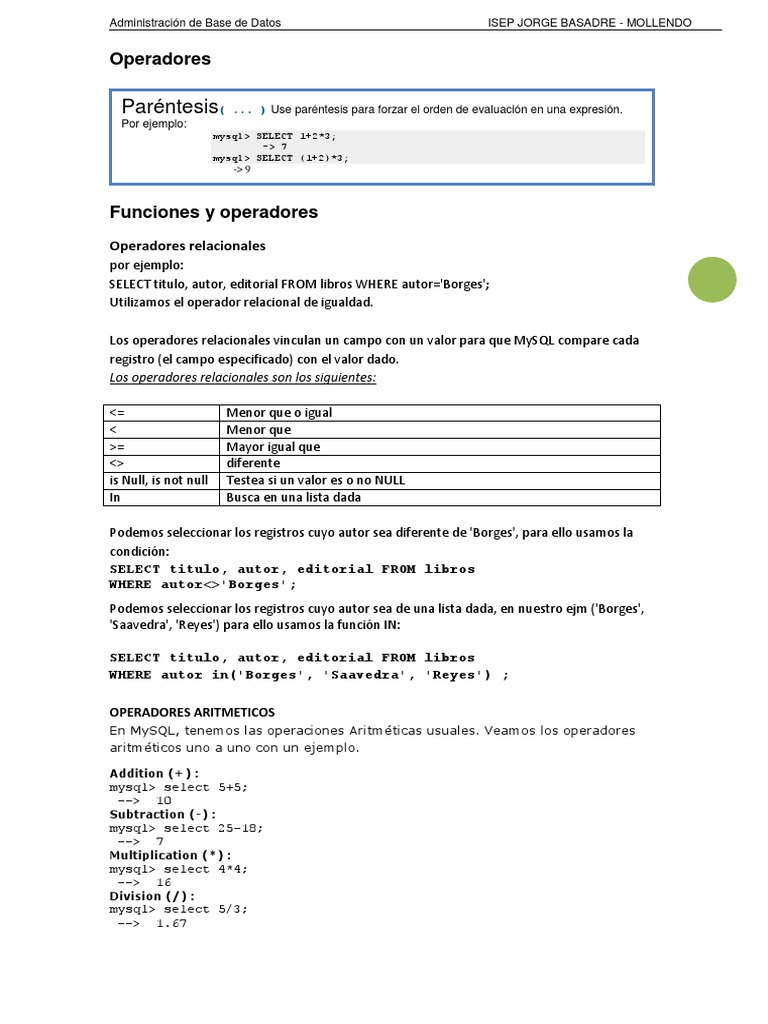 Operadores Mysql | PDF | Gestión de datos | Software de gestión de datos