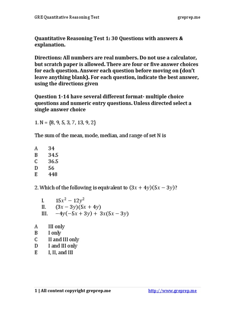Quantitative Reasoning Test 1 PDF | PDF