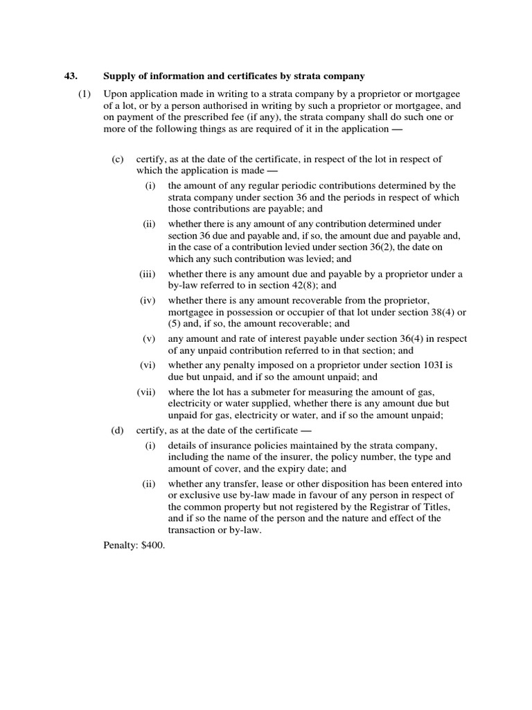 Supply of Information and Certificates by Strata Company | PDF