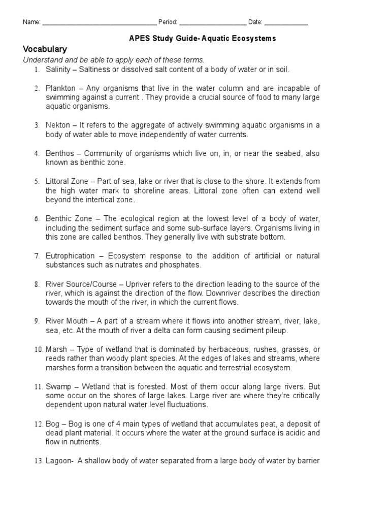 APES Aquatic Ecosystems Study Guide | PDF | Aquatic Ecosystem | Lagoon
