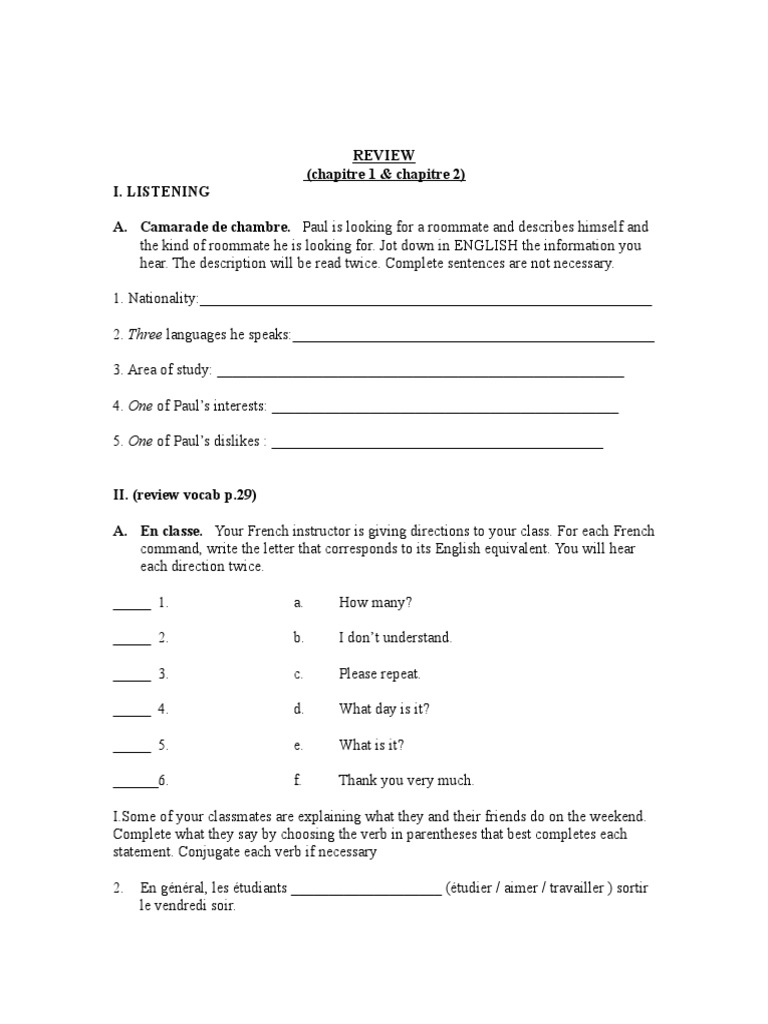 Review (Chapitre 1 & Chapitre 2) I. Listening A. Camarade de Chambre ...