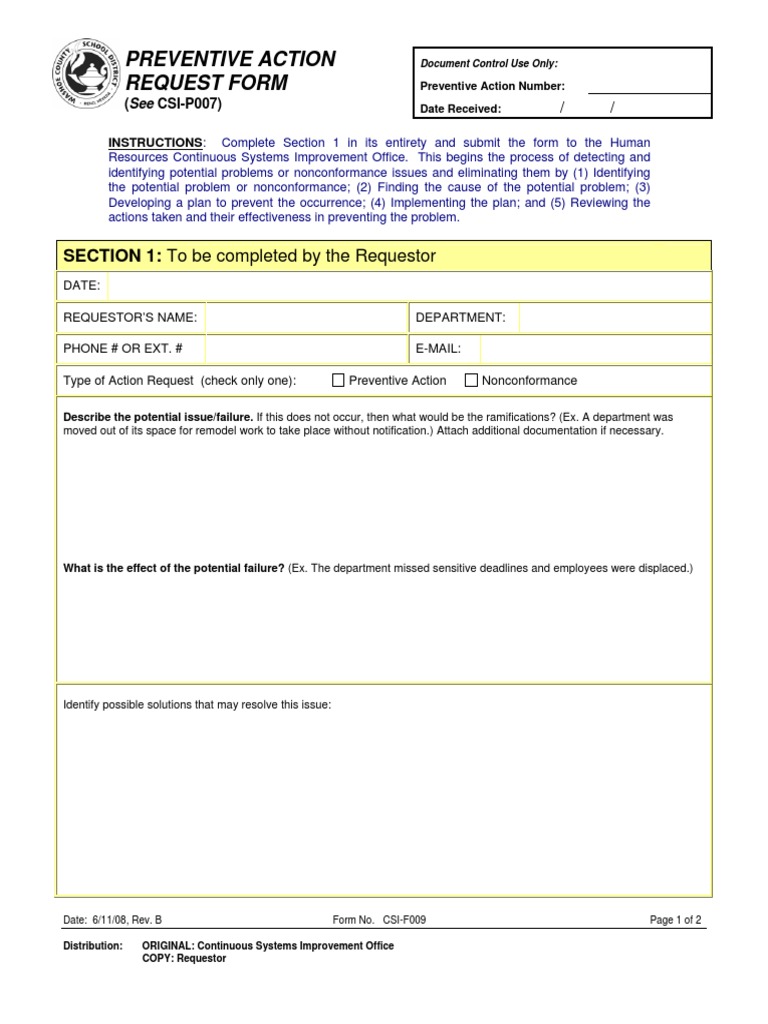 Preventive Action Request Form: SECTION 1: To Be Completed by The ...