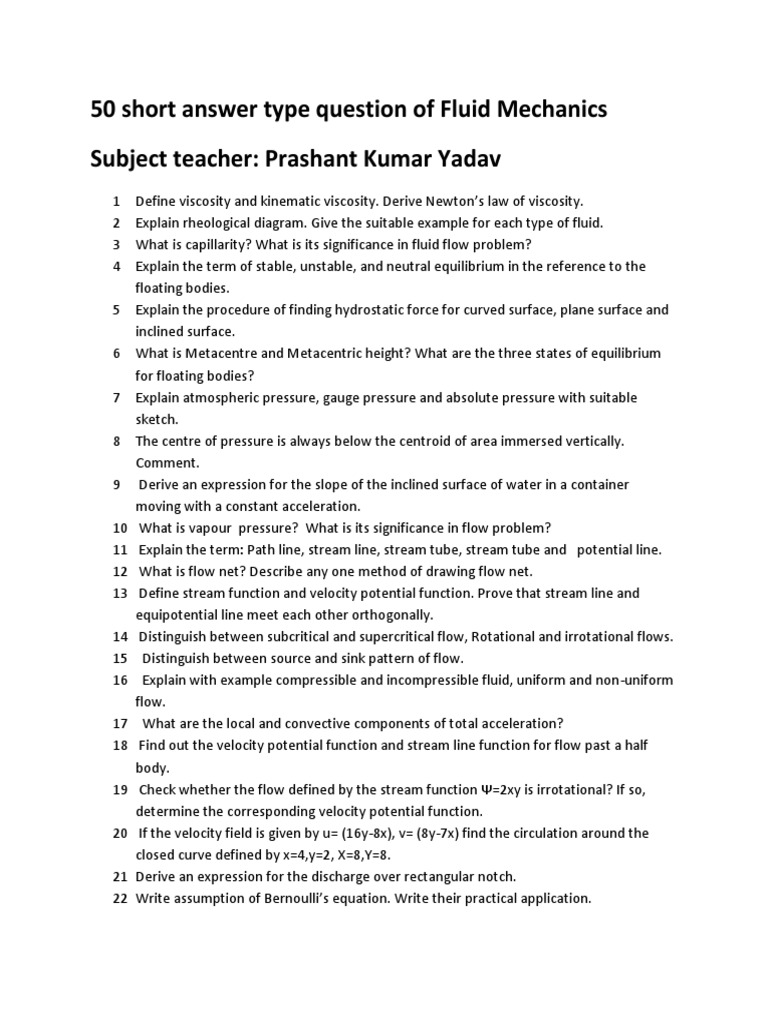 Fluid Mechanics Short Answer Questions | PDF | Boundary Layer | Laminar ...