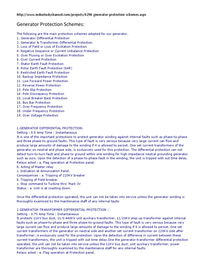 Generator Protection Schemes | PDF | Relay | Electric Generator