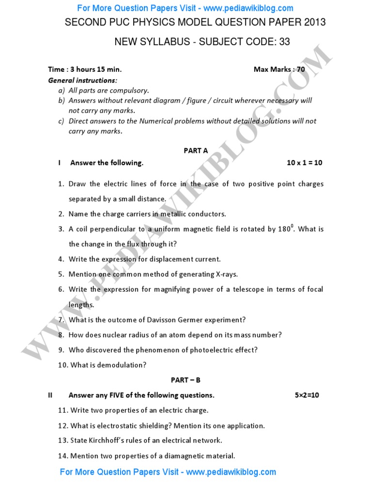 Second Puc Physics Model Question Paper 2013 New Syllabus - Subject ...