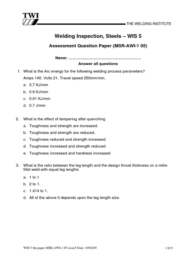 Welding Inspection Assessment Questions | PDF | Welding | Construction