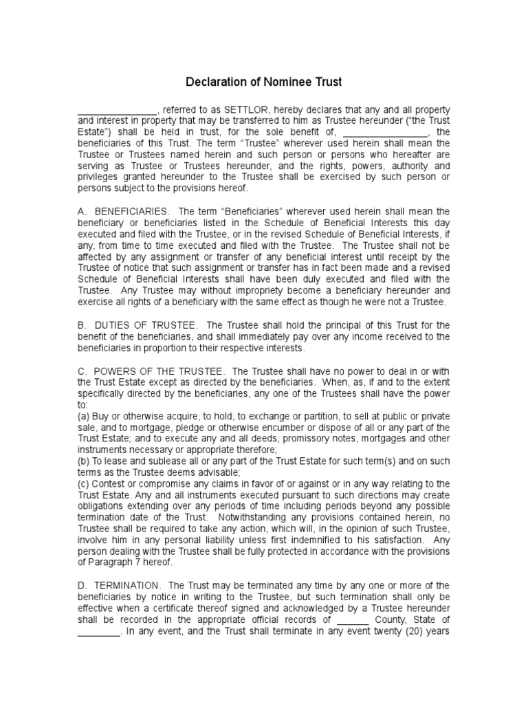 Nominee Trust Declaration Template | PDF | Trust Law | Trustee