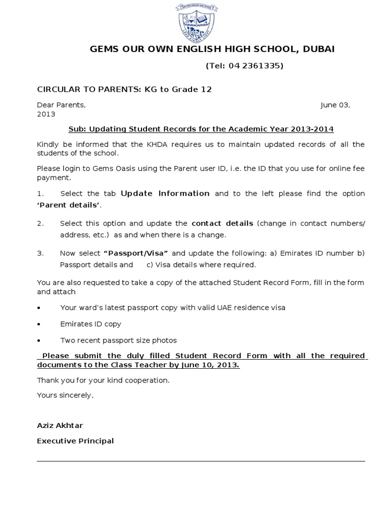 Gems Our Own English High School, Dubai: (Tel: 04 2361335) Circular To ...