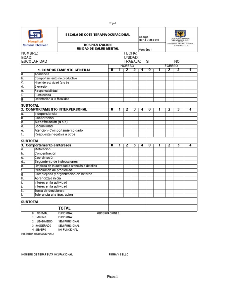 HSP-FO-314-010 Escala de Cote Terapia Ocupacional | PDF
