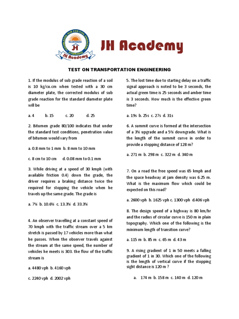 Test On Transportation Engineering | PDF | Traffic | Speed