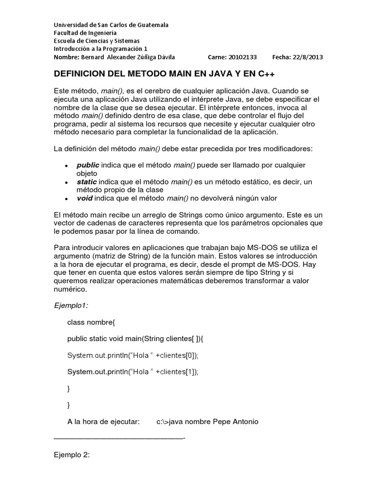 Definicion Del Metodo MAIN en JAVA Y C++ | PDF | C ++ | Java (lenguaje ...