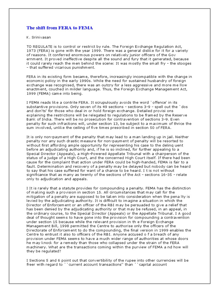 The Shift From FERA To FEMA | PDF | Reserve Bank Of India | Financial Transaction