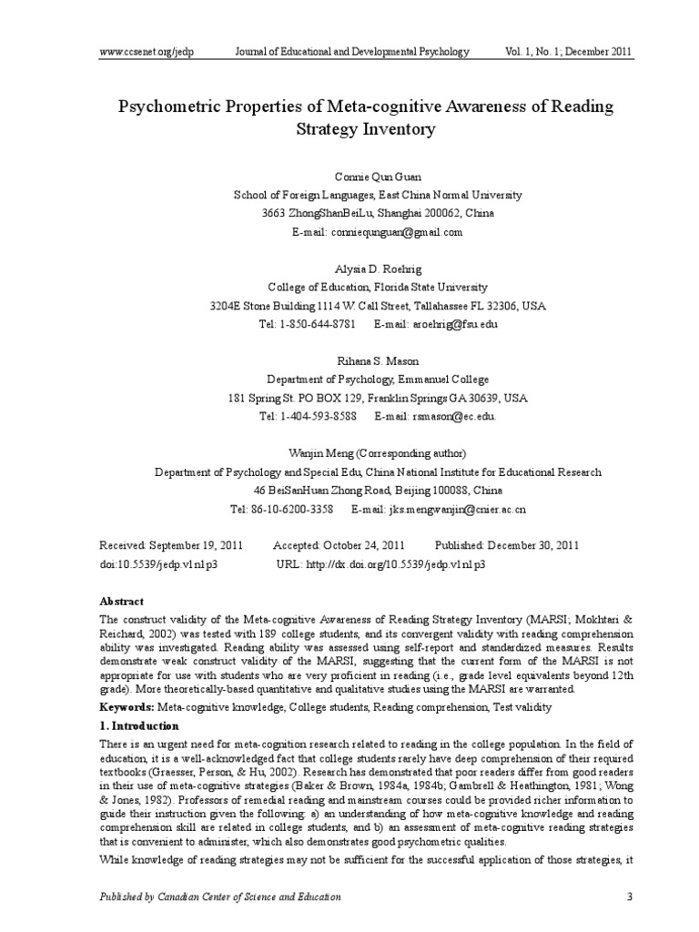 Psychometric Properties of Metacognitive Awarness of Reading Strategy ...